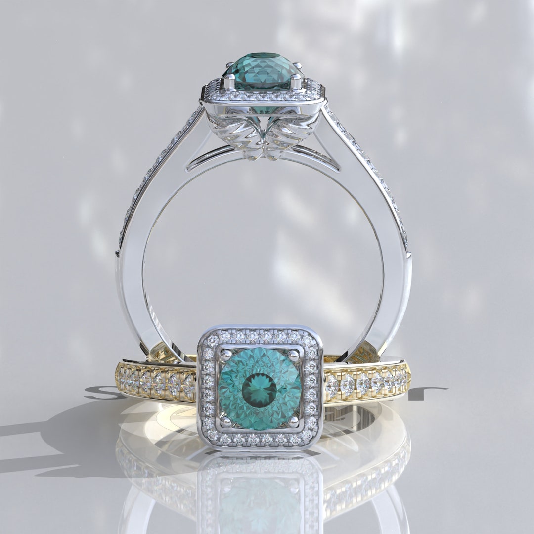 1.0ct, 1.5ct, 2.0ct Dual Tone Portuguese Cut Cyan Blue Halo Moissanite ...