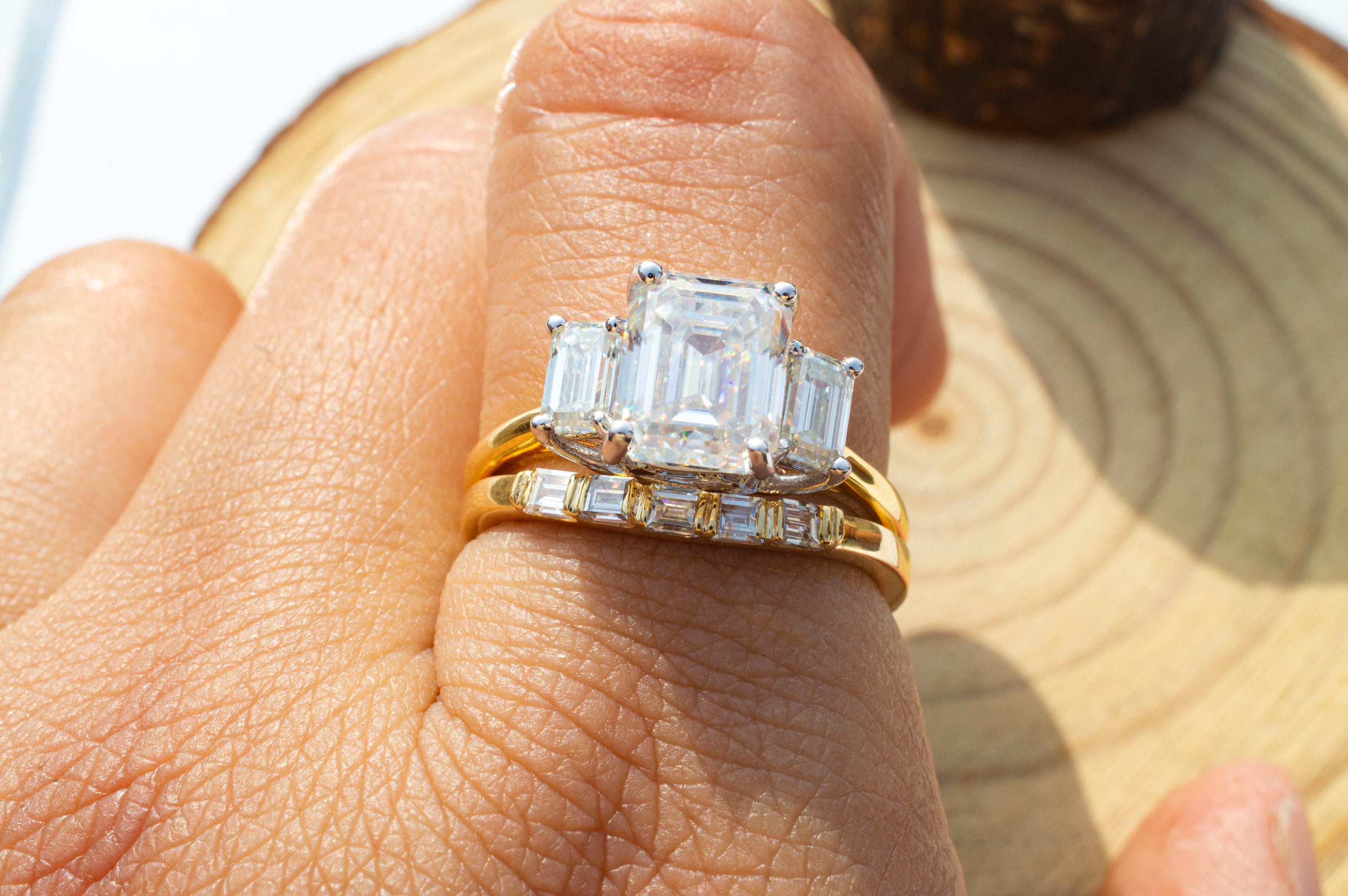 3 Stone Moissanite Ring Set 2.5ct Emerald Cut Moissanite | Etsy