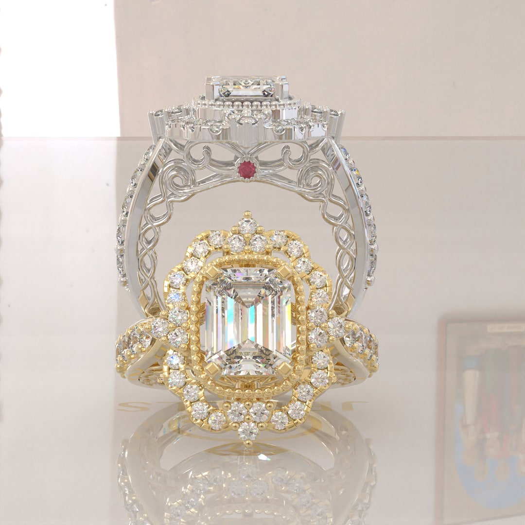 3.0ct Emerald Cut Halo Moissanite Engagement Ring, Classic Traditional ...