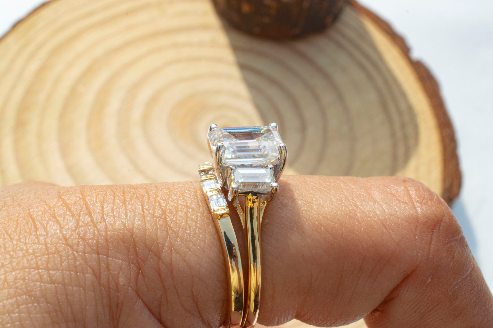 3 Stone Moissanite Ring Set 2.5ct Emerald Cut Moissanite | Etsy