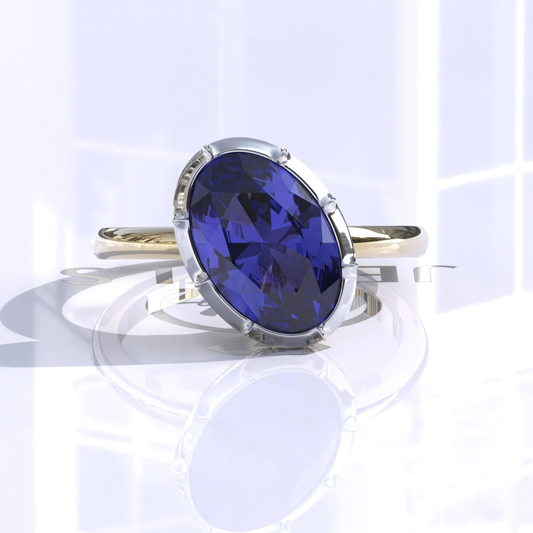 Tilted Oval Blue Sapphire Button Back Ring, Georgian Cut Down Button ...