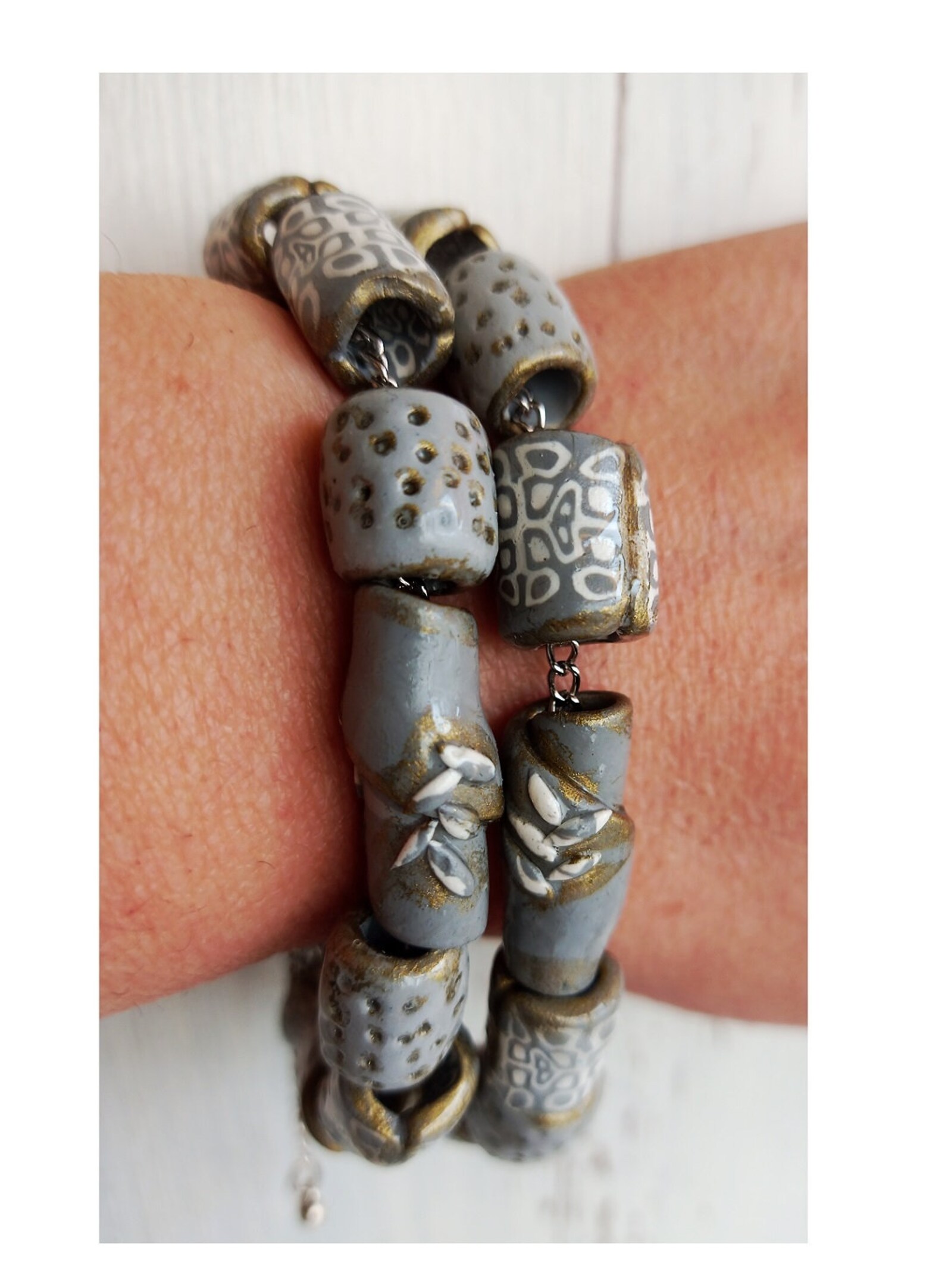 Handmade Gray Polymer Clay Bracelet, Polished Bead Jewelry - Etsy