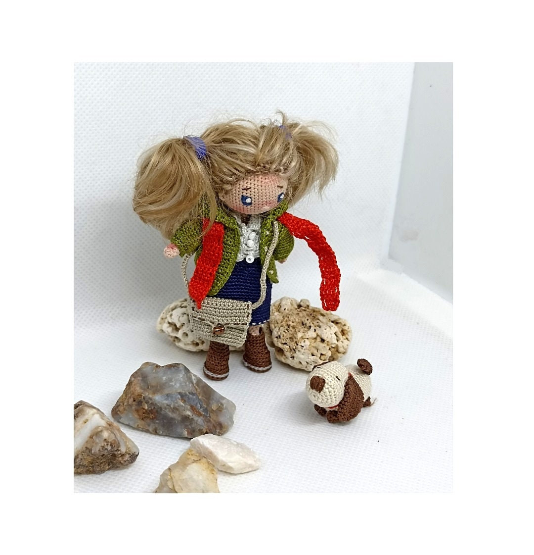 Crochet Tiny Annie Doll With Dog, Handmade Miniature Amigurumi - Etsy