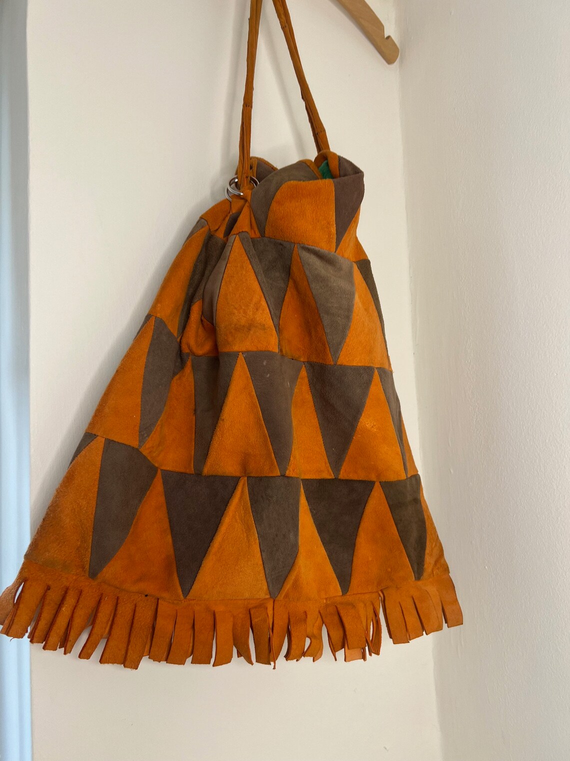 70's Patchwork Suede Bag, Drawstring Patchwork Leather Bag, Boho Bag ...