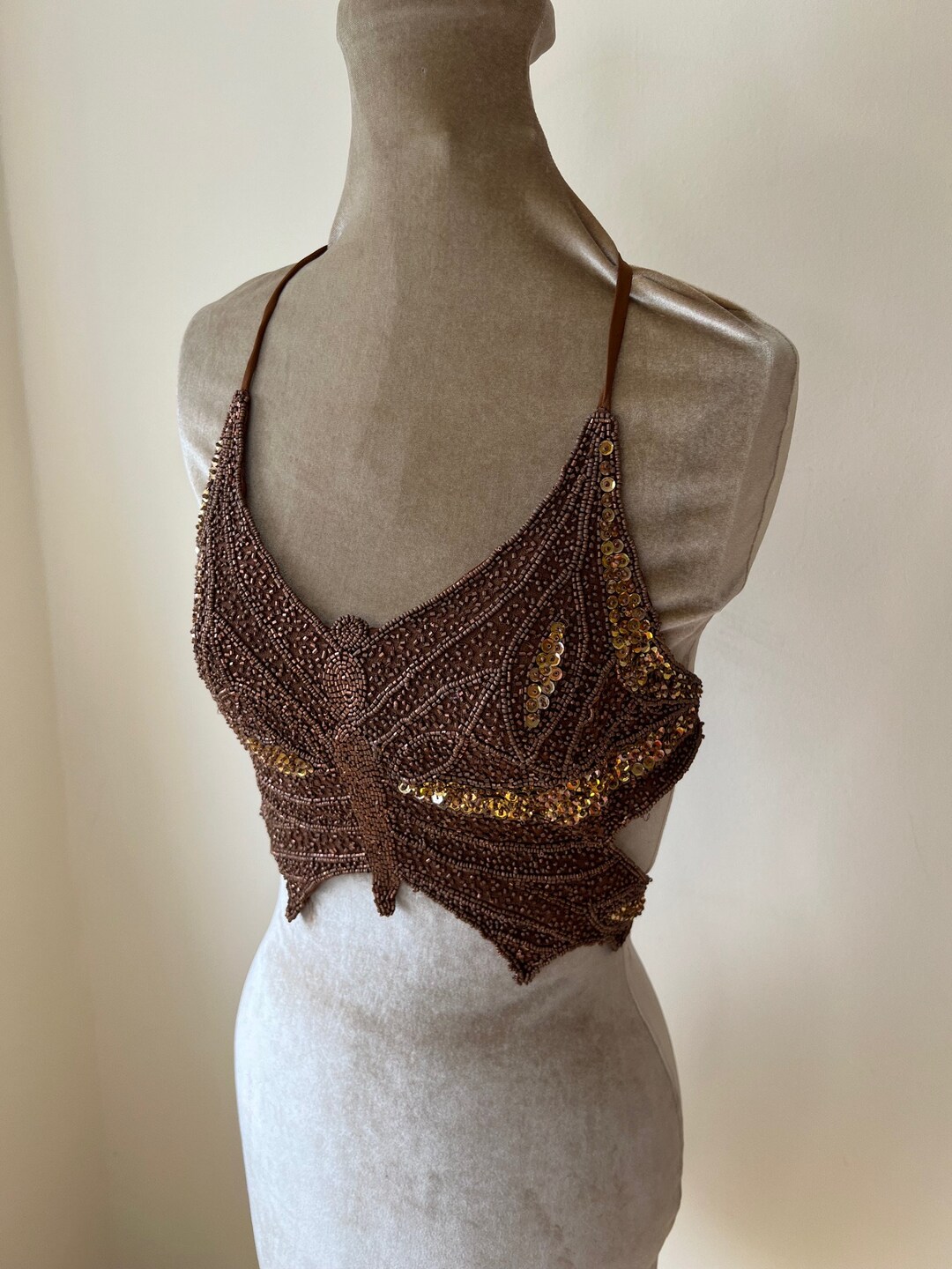 Vintage Butterfly Beaded Crop Top, Bronze Sequin Crop Top, Festival ...