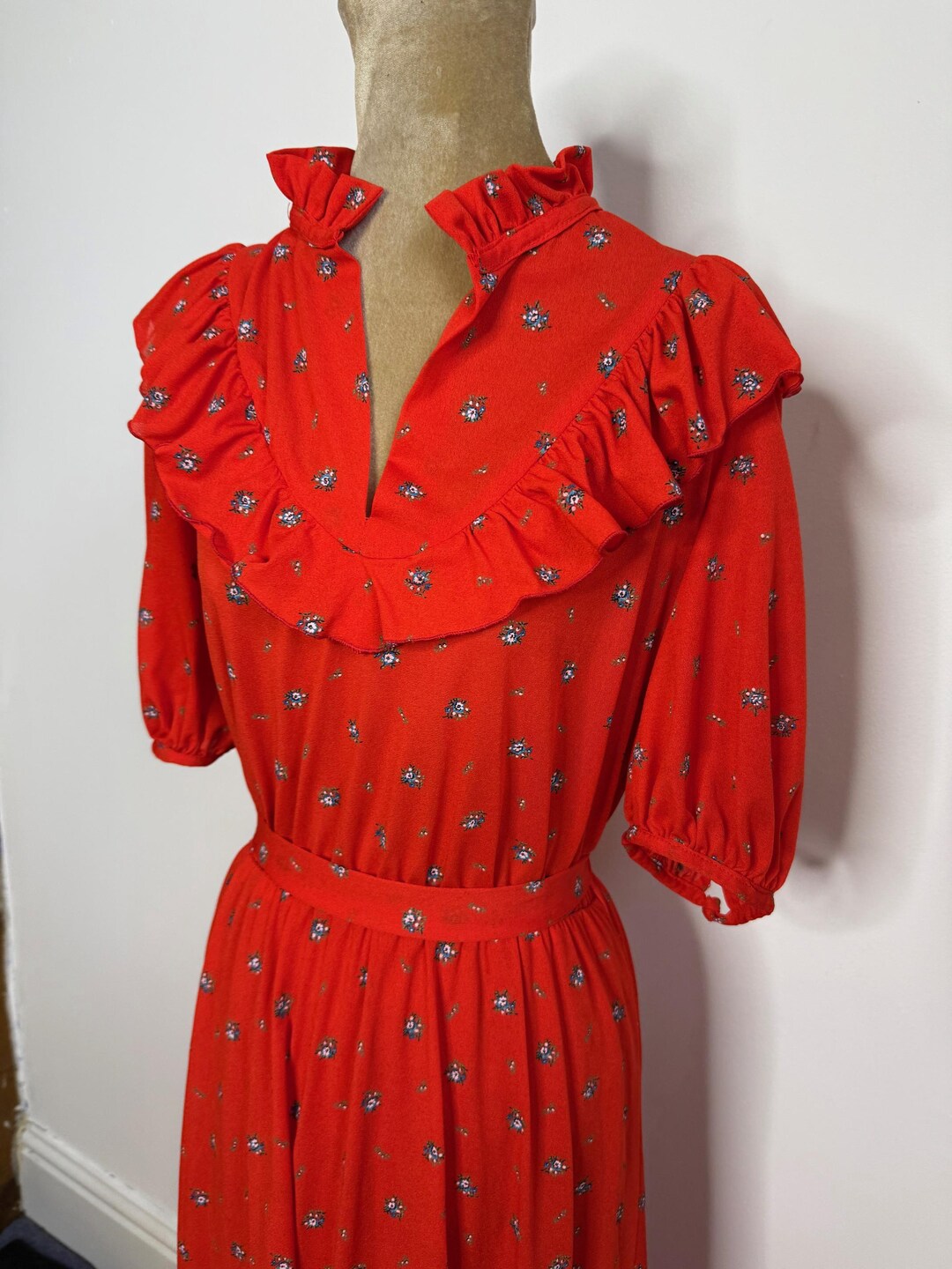 70's Red Floral Maxi Dress, Prairie Dress. UK 10 - Etsy