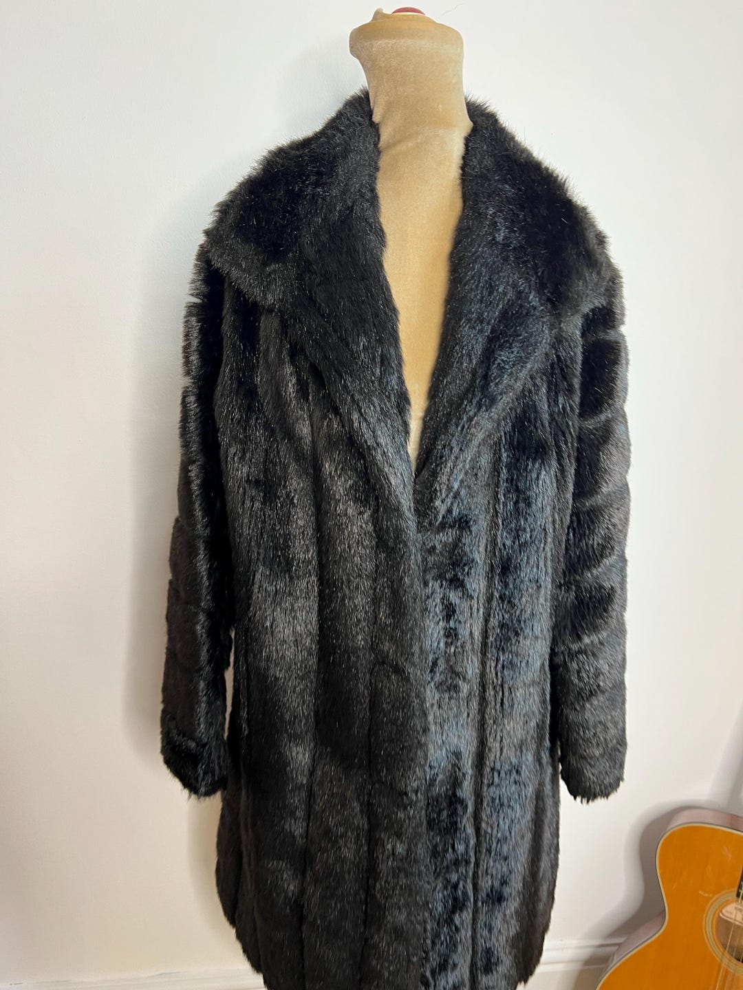 70's Black Faux Fur Coat, Glenoit Glenroyal Long Black Faux Fur Coat ...