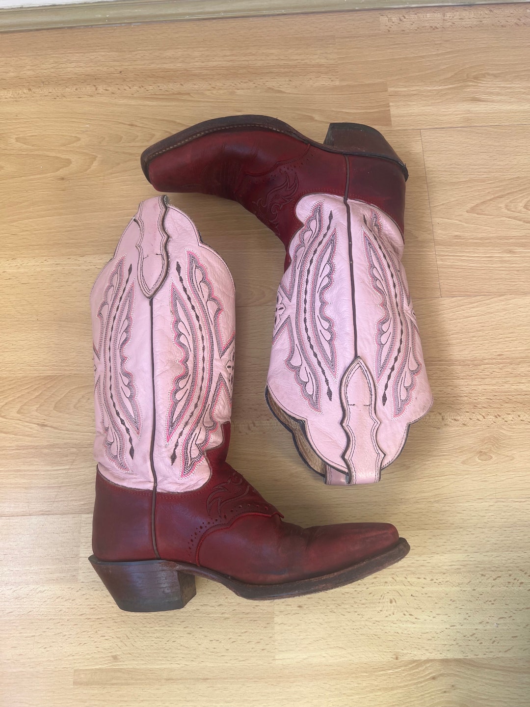 Vintage Justin Pink and Red Leather Cowboy Boots, Embroidered Cowboy ...