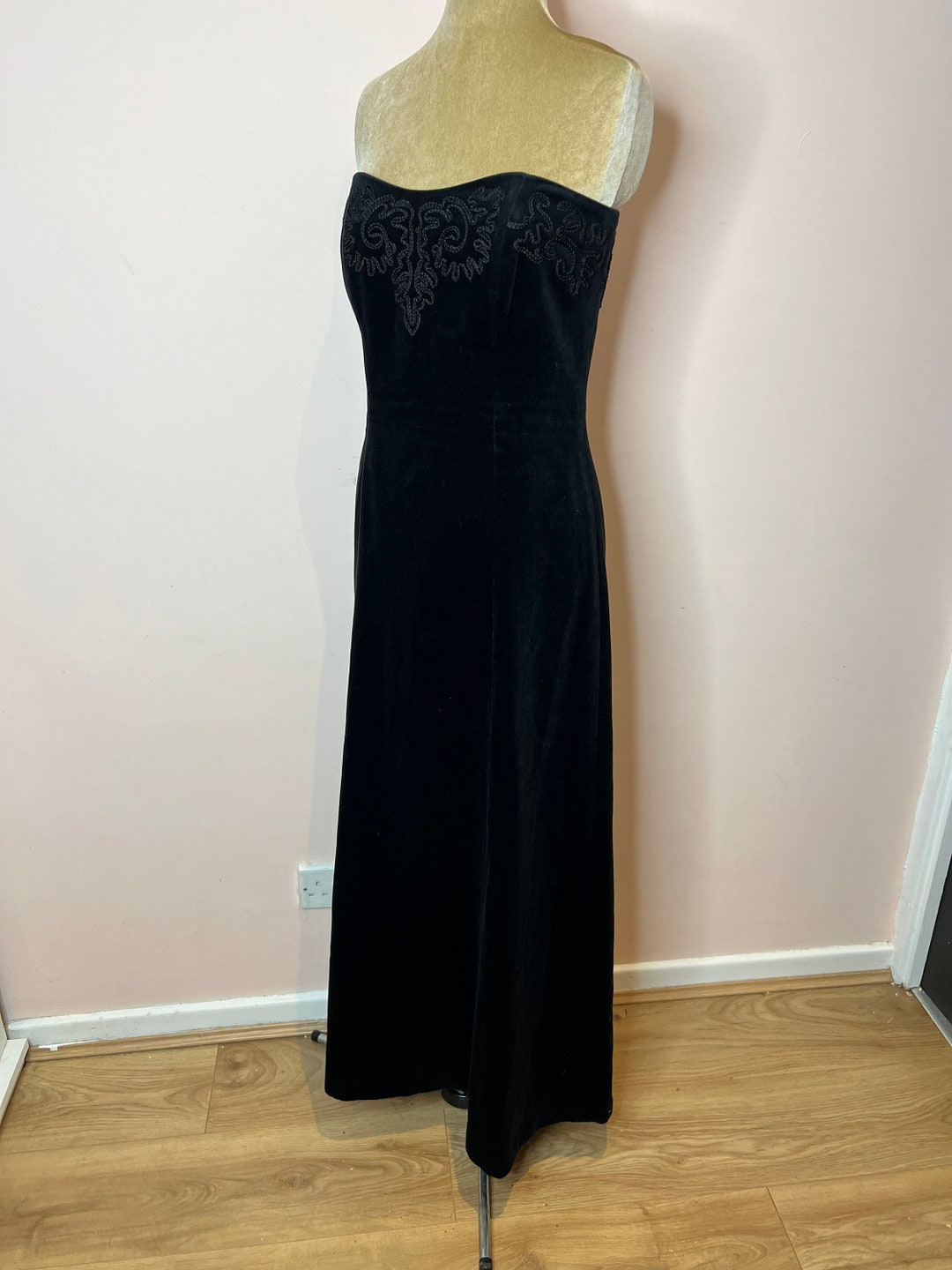Vintage Laura Ashley Strapless Velvet, Black Velvet Evening Dress. UK ...