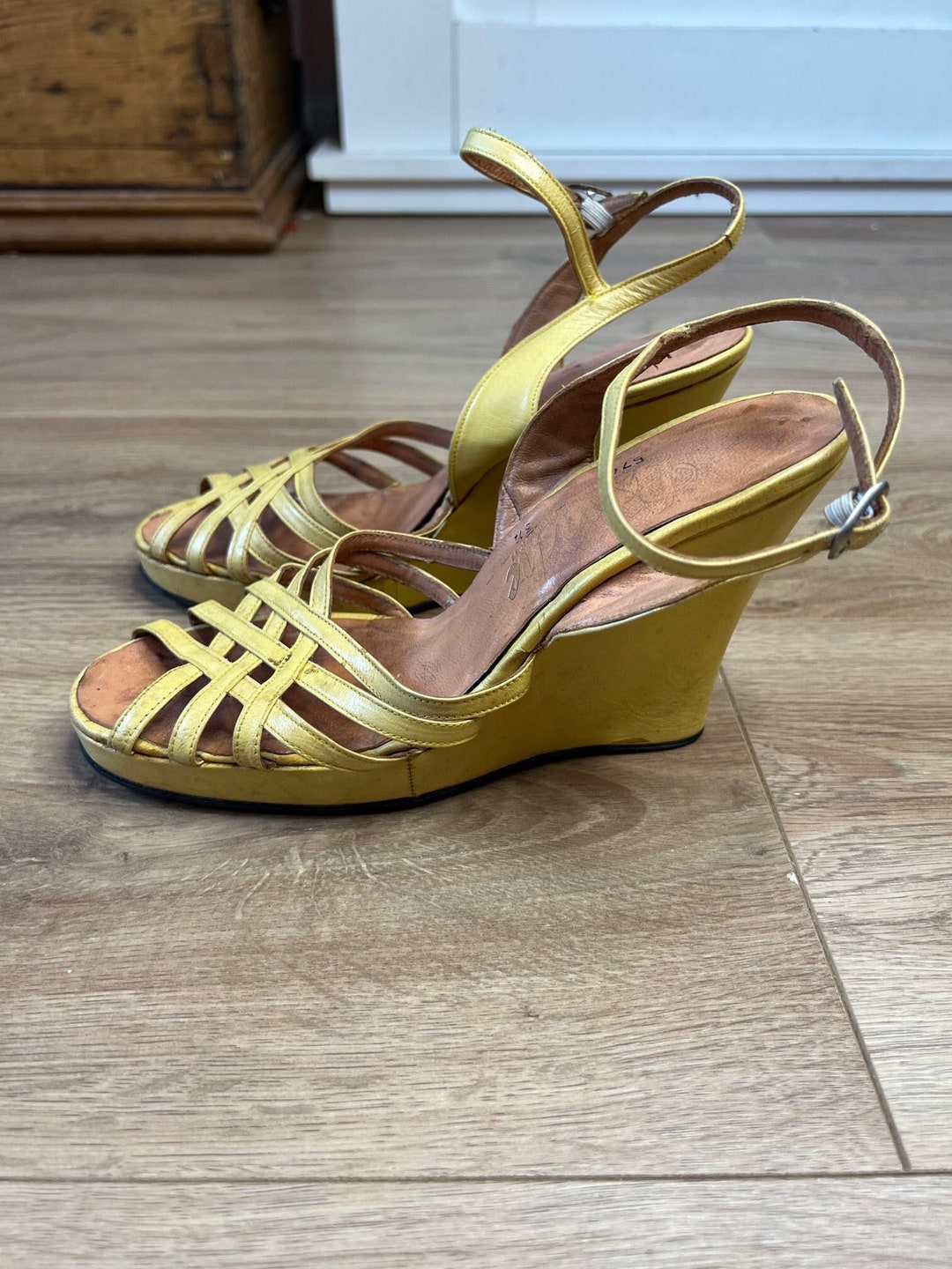 Vintage 1970's or 80's Panache Shoes, Yellow Wedges, Yellow Sandals ...