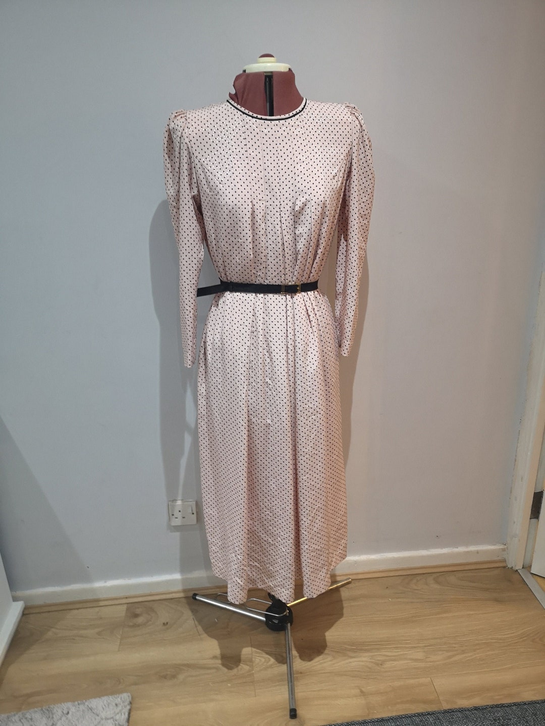 Vintage Spotted Dress, Pleated Dress, Long Sleeved Dress, Polka Dot ...