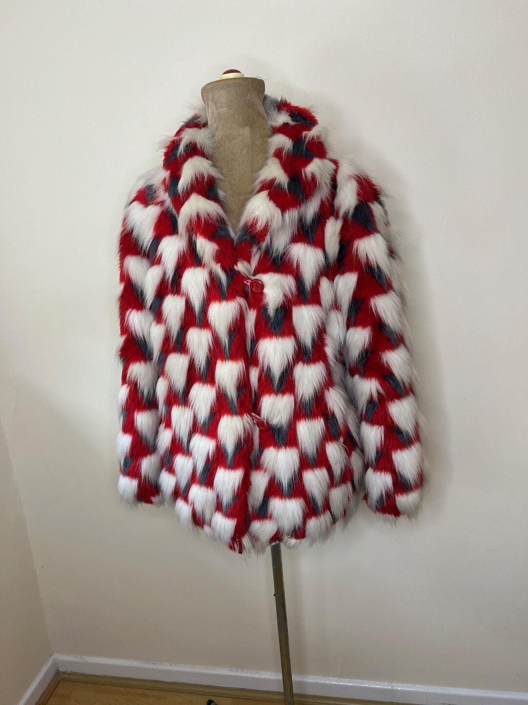 Rare 70's Red and White Astraka Faux Fur Coat, Faux Fur Jacket. Vegan ...