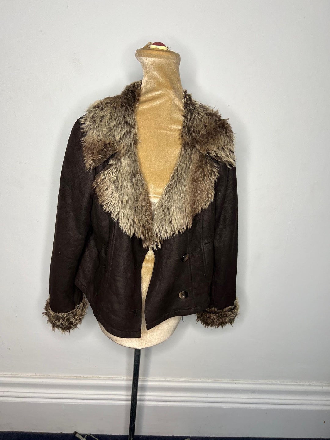 Y2K Brown Faux Suede Jacket With Faux Fur Collar. Y2K Coat. UK 12 - Etsy