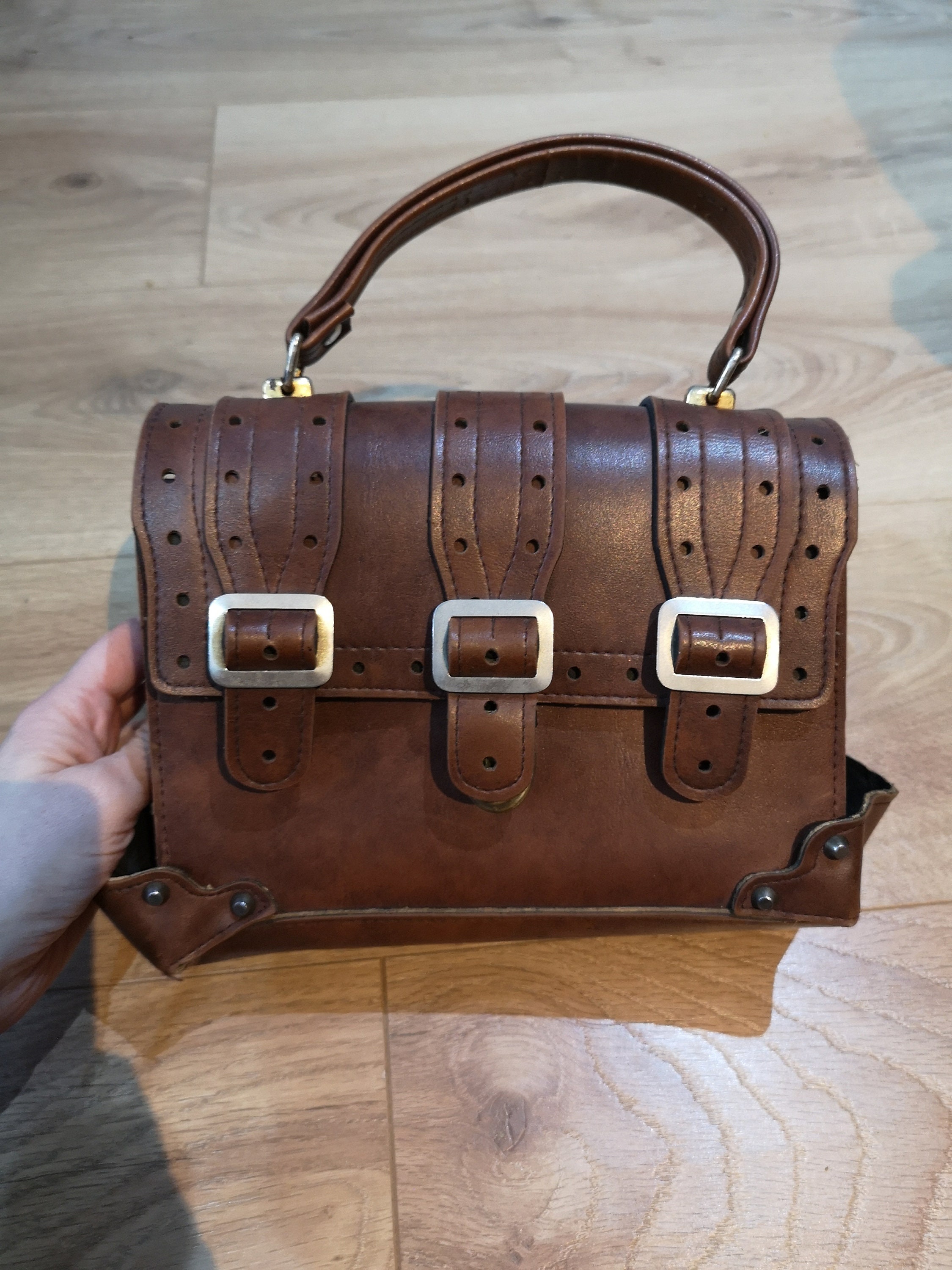 Vintage Faux Leather Handbag, Small Brown Faux Leather Satchel Bag ...