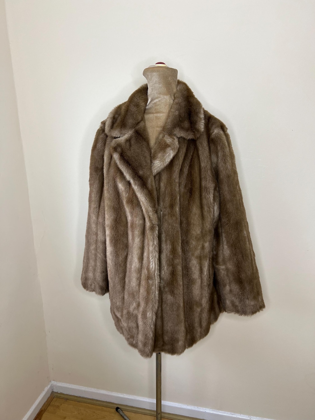 70's Faux Fur Coat, Astraka Brown Cream Fake Fur Jacket, Vegan Fur Coat ...