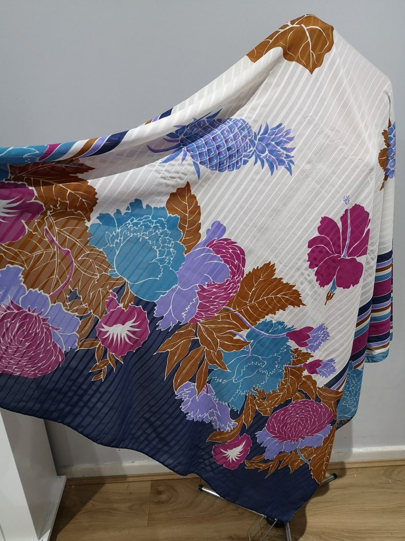 Vintage Large Scarf, Rolled Edge Scarf, Sarong, Tropical Print Scarf ...