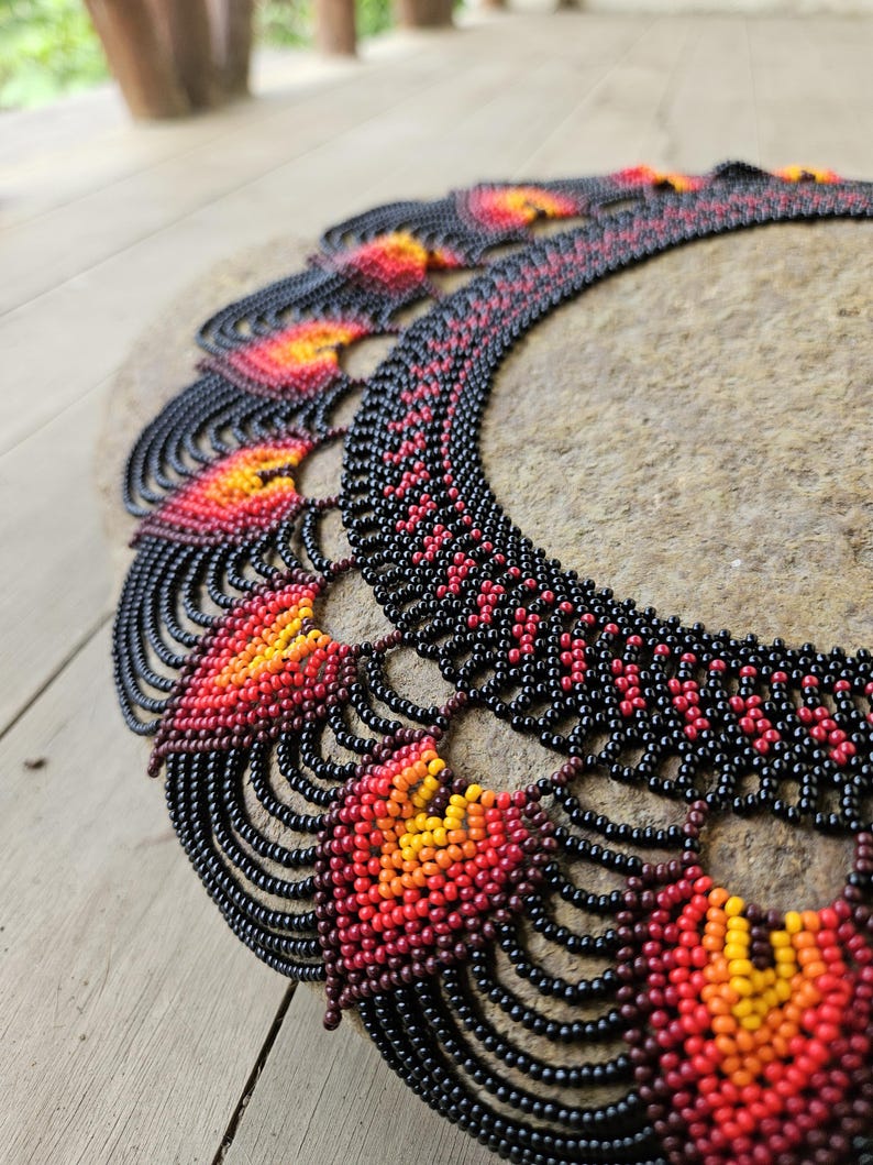 Beaded Necklace Red Black Indigenous Handmade Bead Necklace Red and ...