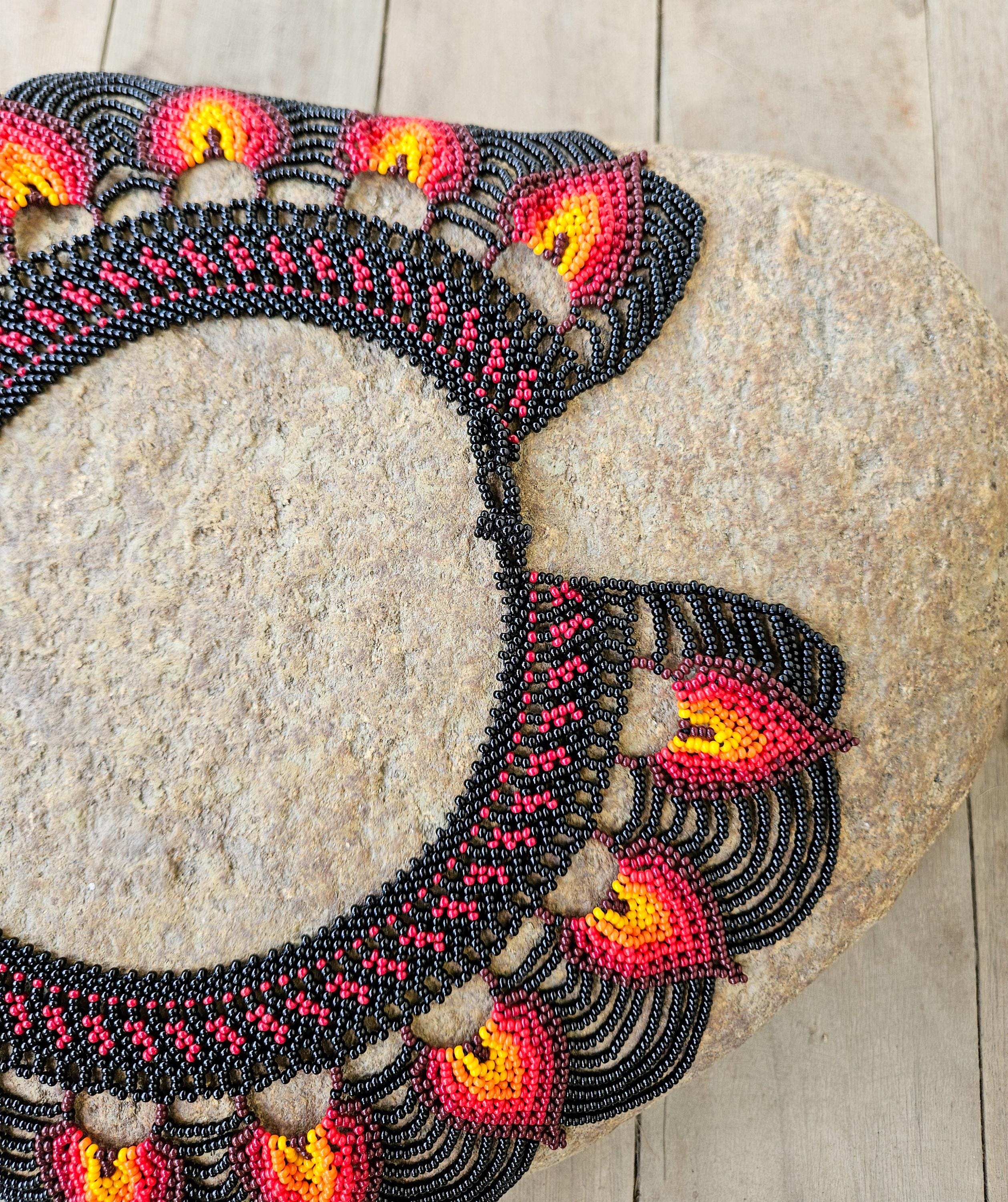 Beaded Necklace Red Black Indigenous Handmade Bead Necklace Red and ...