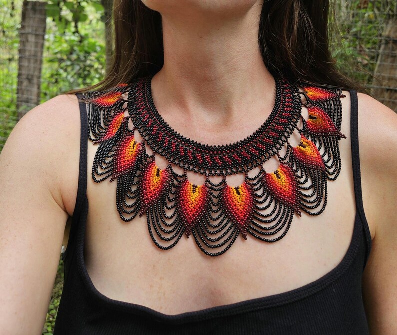 Beaded Necklace Red Black Indigenous Handmade Bead Necklace Red and ...
