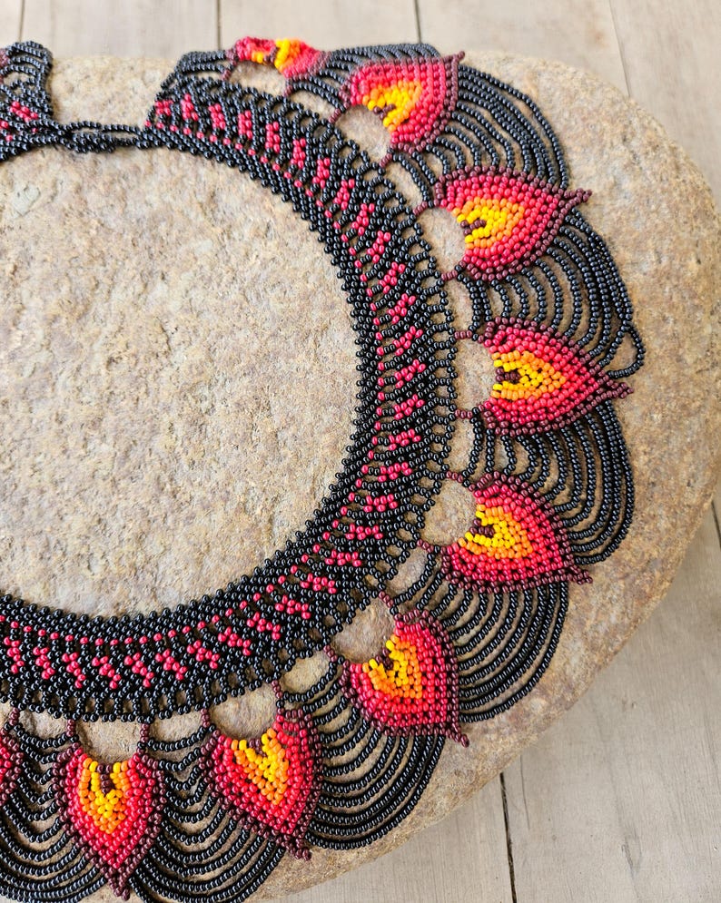 Beaded Necklace Red Black Indigenous Handmade Bead Necklace Red and ...
