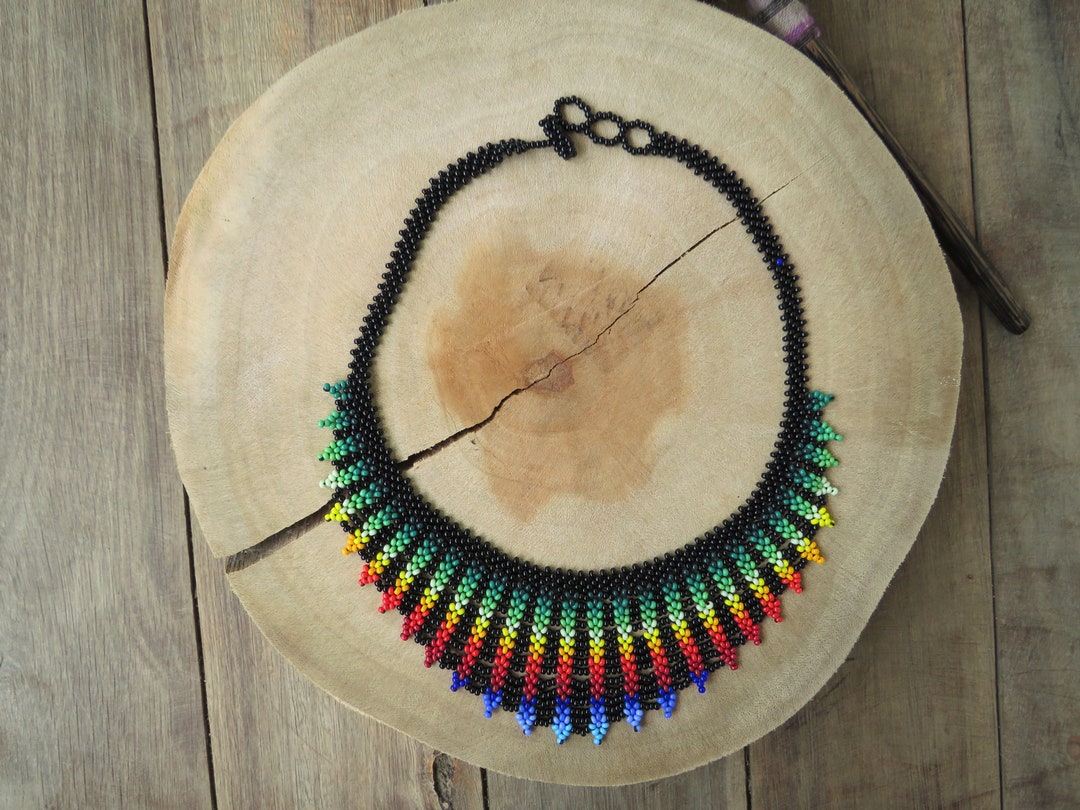Rainbow Beaded Necklace Boho Ombre Necklace Indigenous Beaded Necklace ...