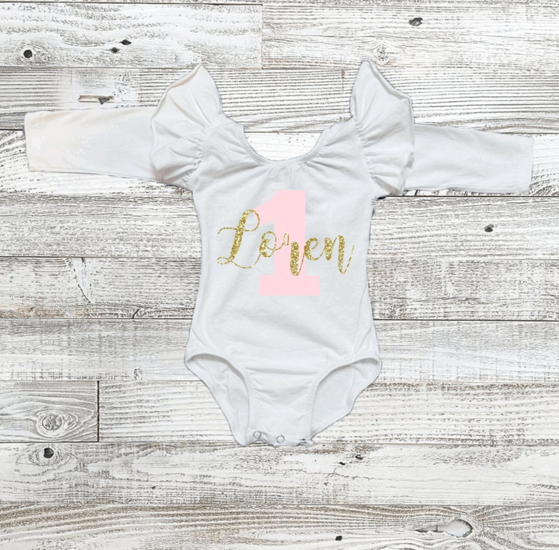 Personalized 1st Birthday Girl Leotard: Flutter Sleeve Bow Back Outfit ...