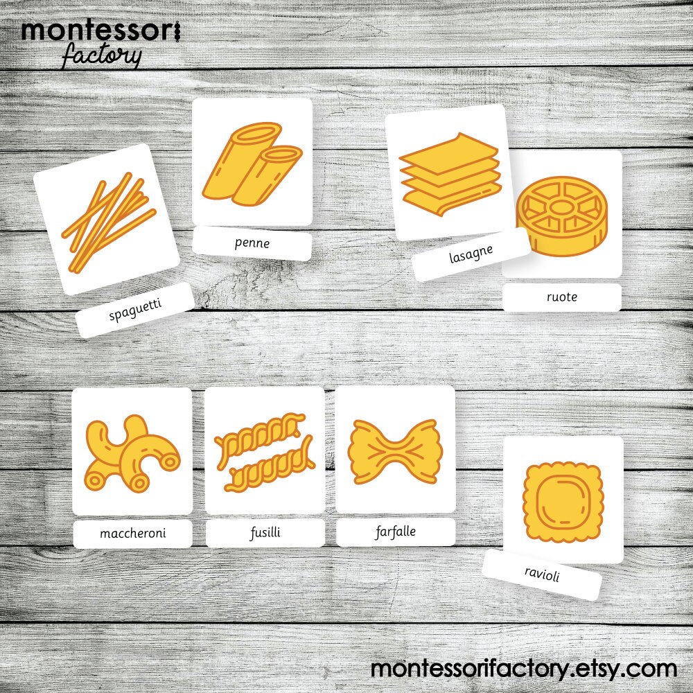 Italian PASTA SHAPES Montessori Cards Flash Cards Three - Etsy