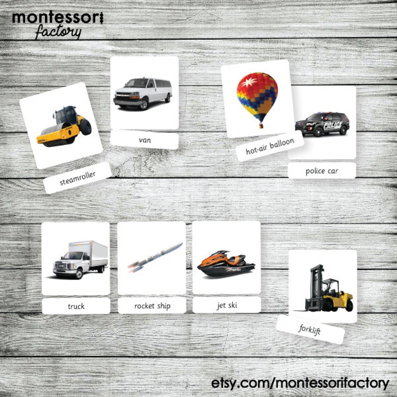 TRANSPORTATION Cars Vehicles • Montessori Cards • Flash Cards • 3 Part ...