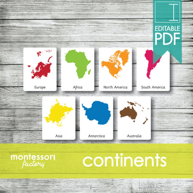 WORLD CONTINENTS Montessori Cards Flash Cards Three Part | Etsy Canada