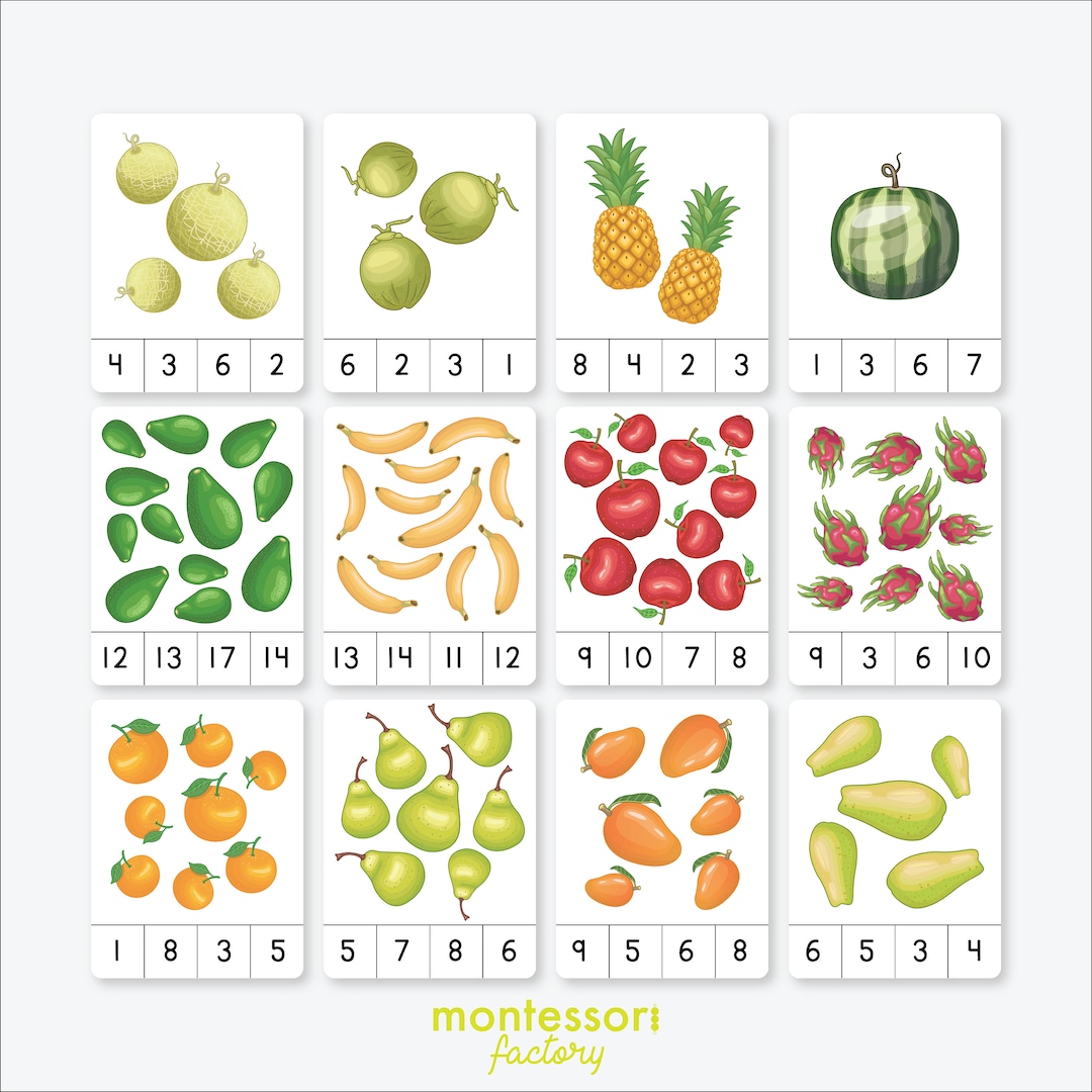 COUNTING FRUITS Numbers 1 to 20 • Montessori Counting Cards • Clip ...
