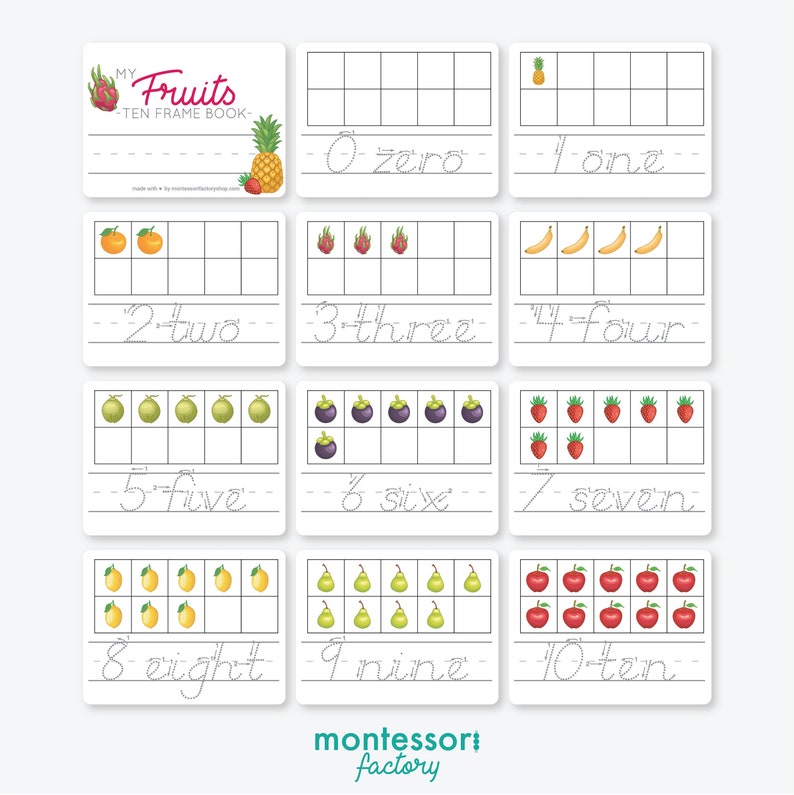 FRUITS • Montessori Cards • Math Ten Frame Books • Printable PDF - Etsy