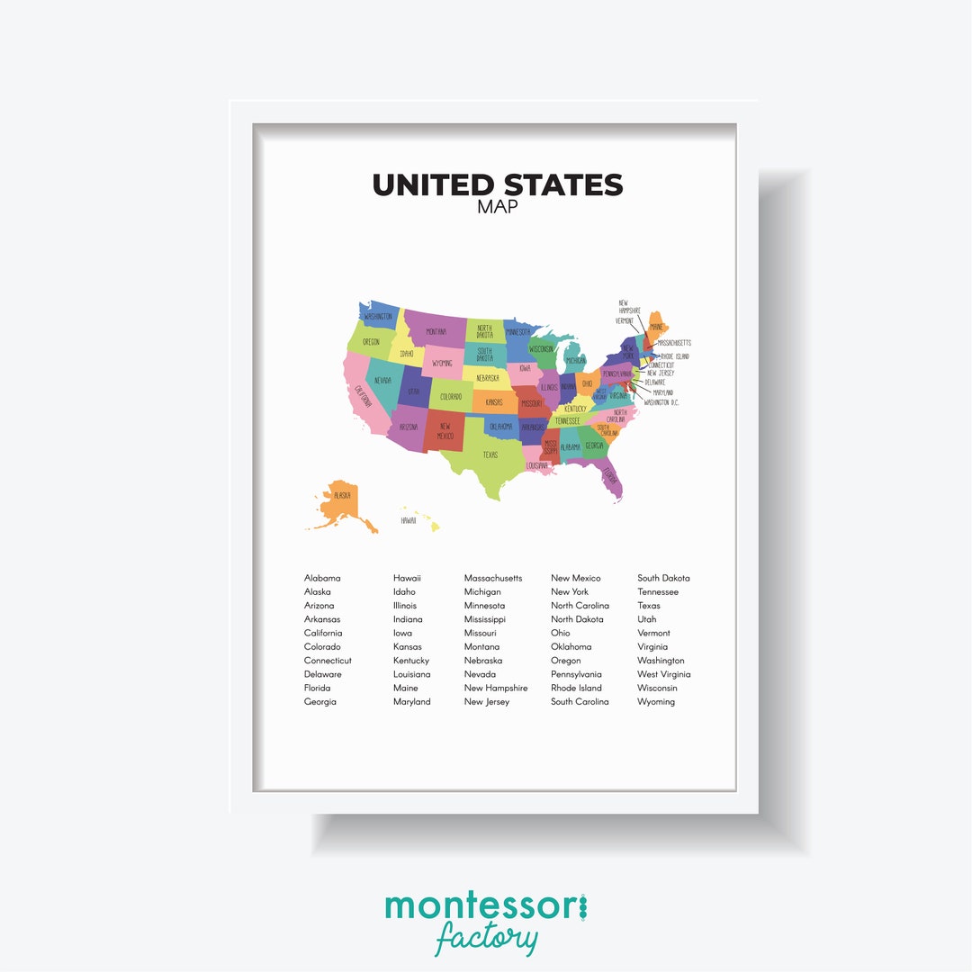 UNITED STATES MAP Geography Kids Room Wall Art Montessori Kindergarten ...