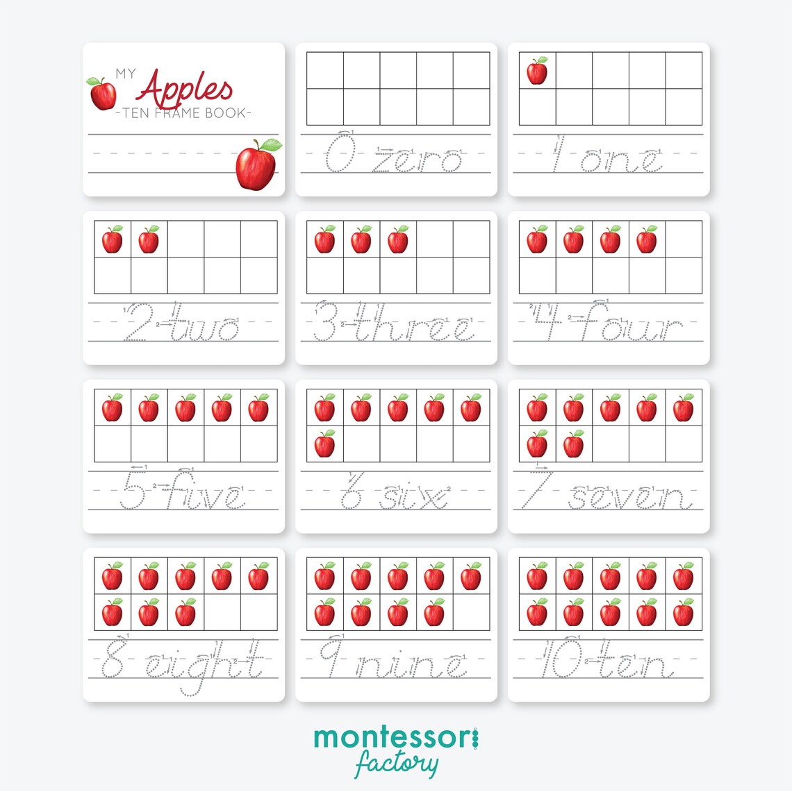 APPLES • Montessori Cards • Math Ten Frame Books • Printable PDF - Etsy