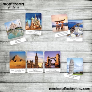 WORLD ARCHITECTURE LANDMARKS real Pictures Flash Cards Three Part Cards ...
