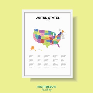 UNITED STATES MAP Geography Kids Room Wall Art Montessori Kindergarten ...