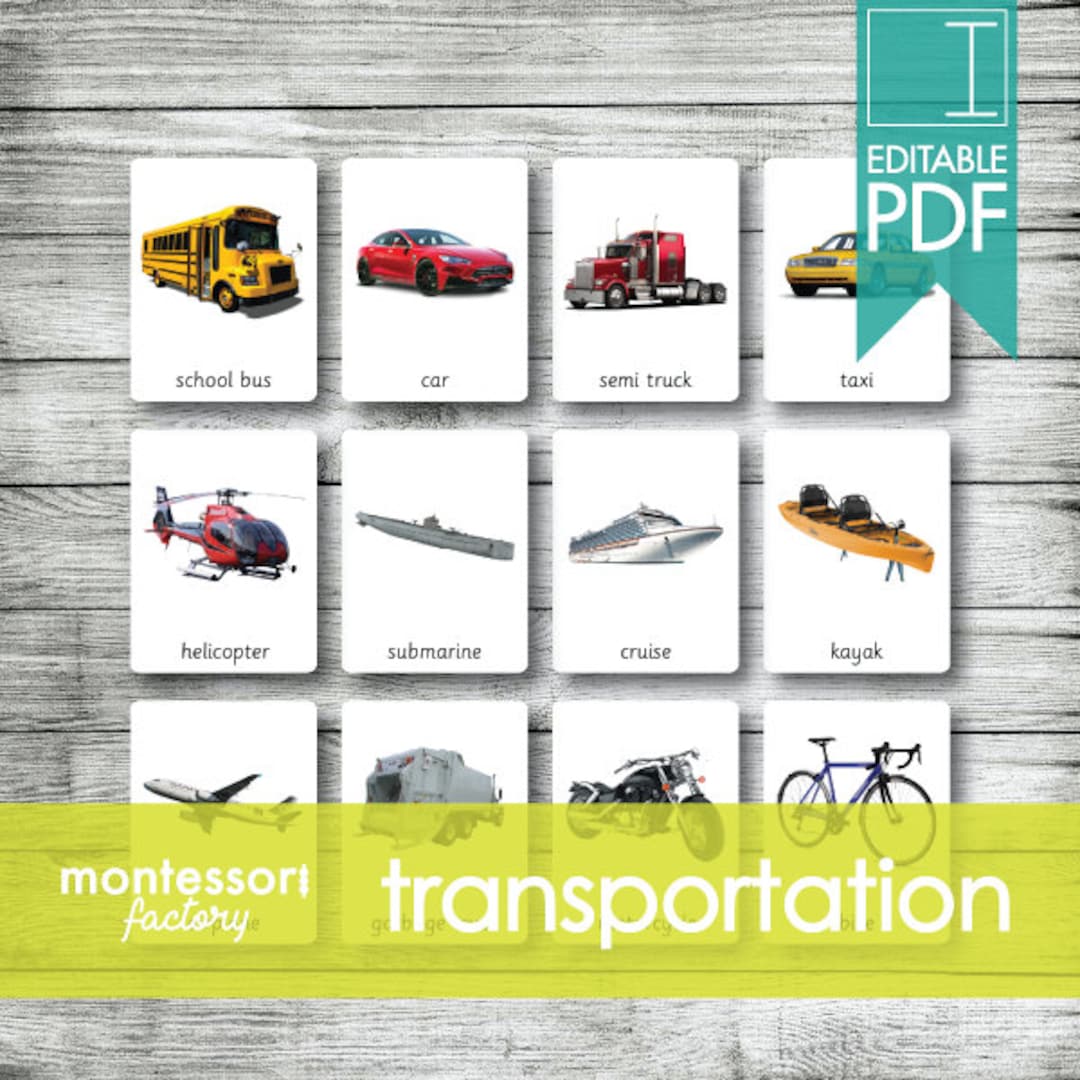 TRANSPORTATION Cars Vehicles • Montessori Cards • Flash Cards • 3 Part ...