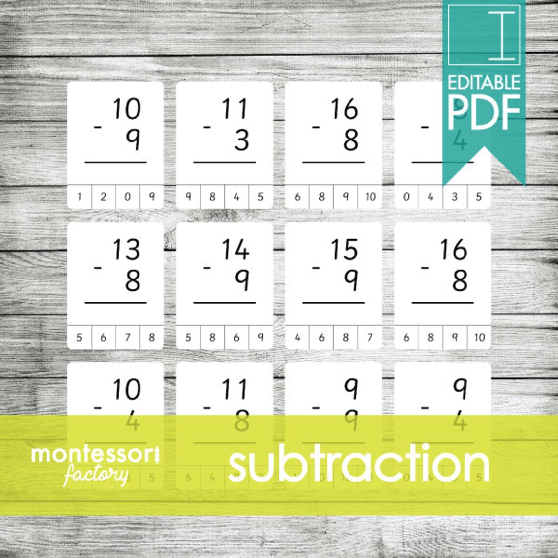 Subtraction Math Clip Cards • Montessori Educational Material (editable ...