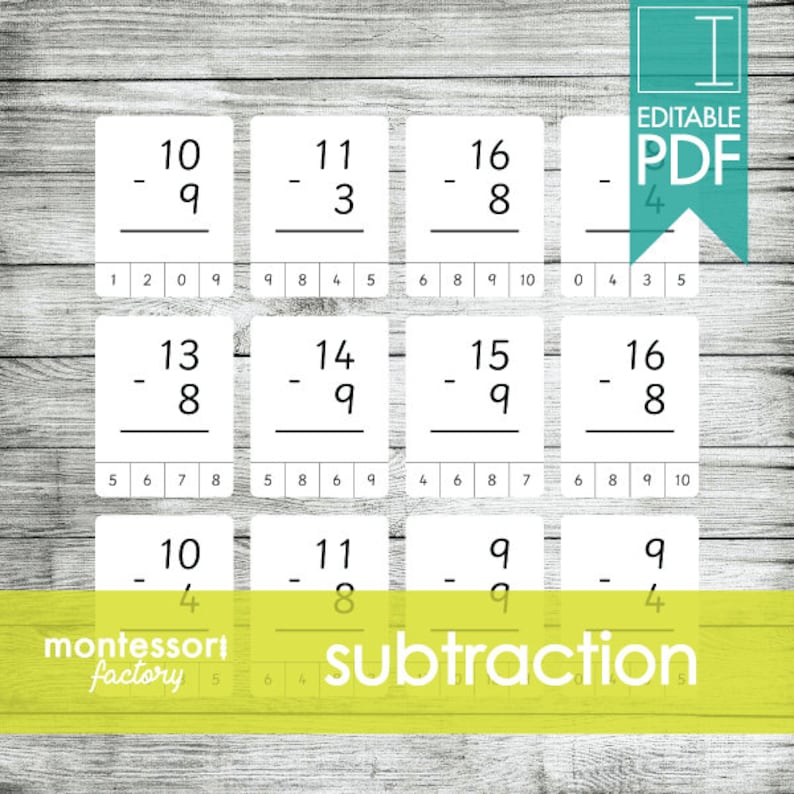 Subtraction Math Clip Cards • Montessori Educational Material (editable ...