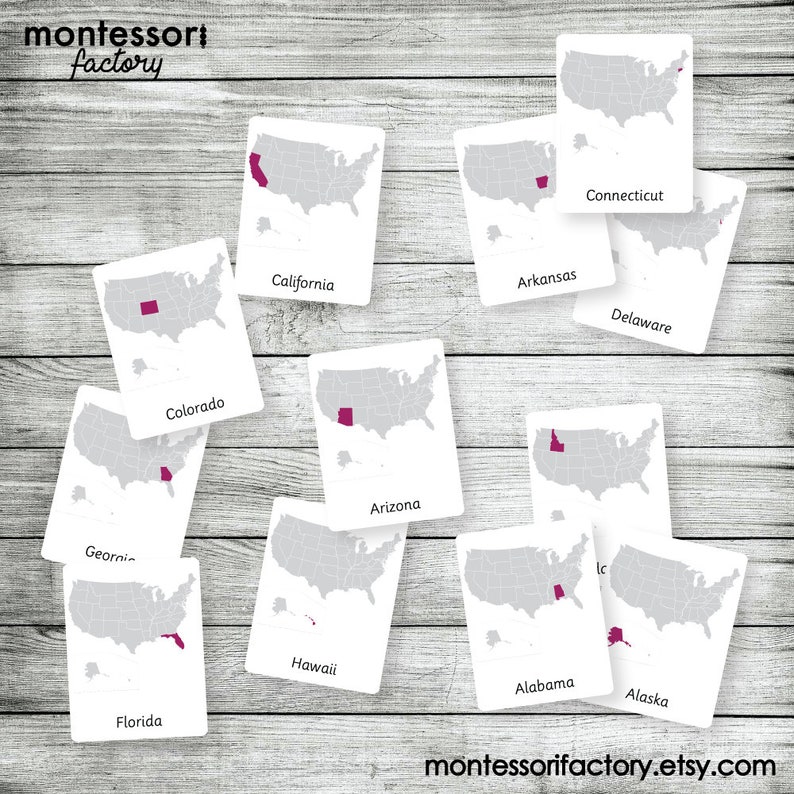 50 UNITED STATES Maps Montessori Cards Flash Cards Three - Etsy
