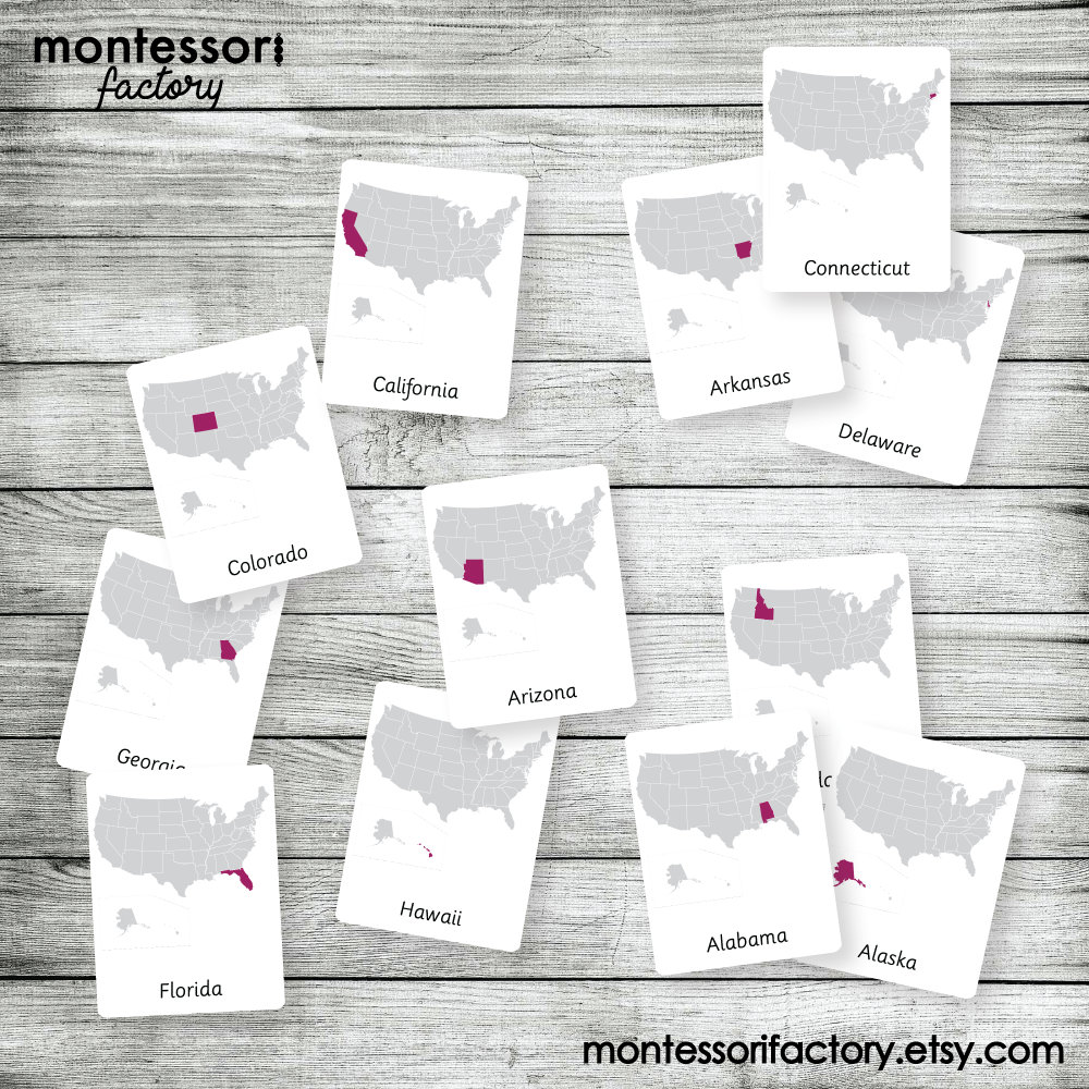 50 UNITED STATES Maps Montessori Cards Flash Cards Three - Etsy