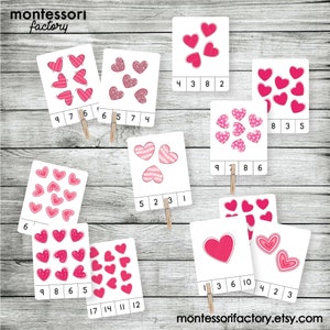 COUNTING HEARTS • Valentines • Montessori Counting Cards • Clip Cards ...
