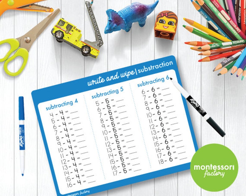 SUBTRACTION Write and Wipe Mat • Subtracting 1 to 12 • Math • 8.50in X ...
