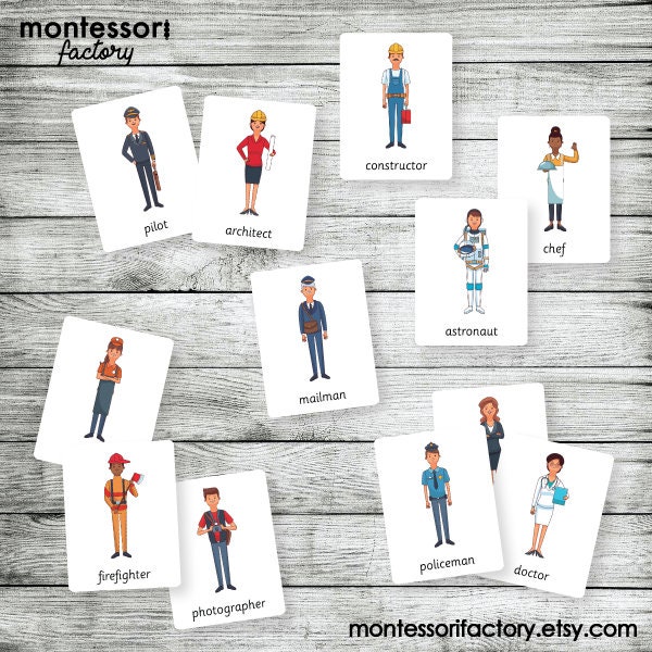PROFESSIONS Jobs Montessori Cards Flash Cards Three Part | Etsy