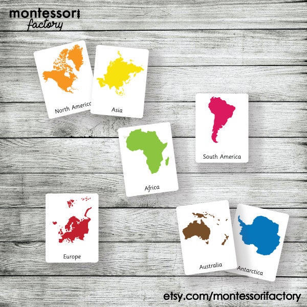 WORLD CONTINENTS Montessori Cards Flash Cards Three Part - Etsy