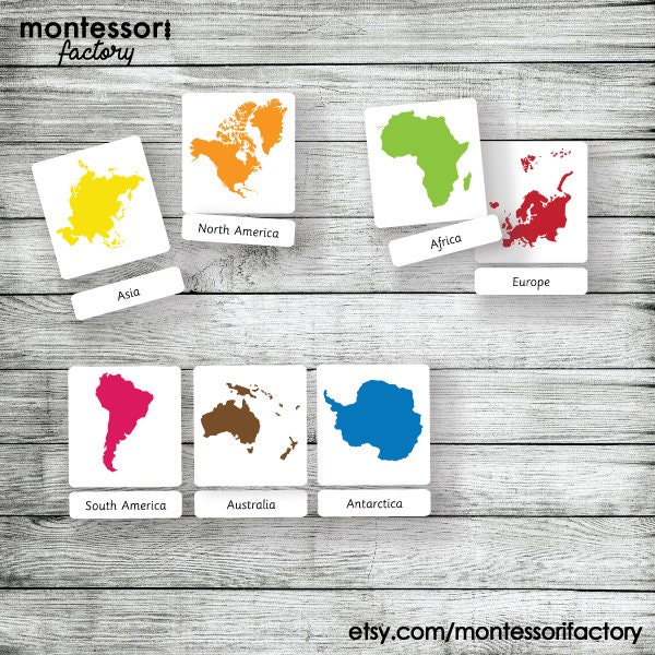 WORLD CONTINENTS Montessori Cards Flash Cards Three Part - Etsy