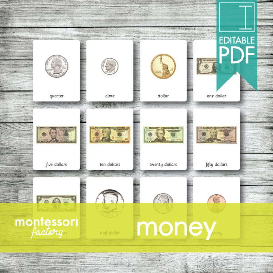 MONEY • Montessori Nomenclature - Flash - 3 Parts Cards • Educational ...