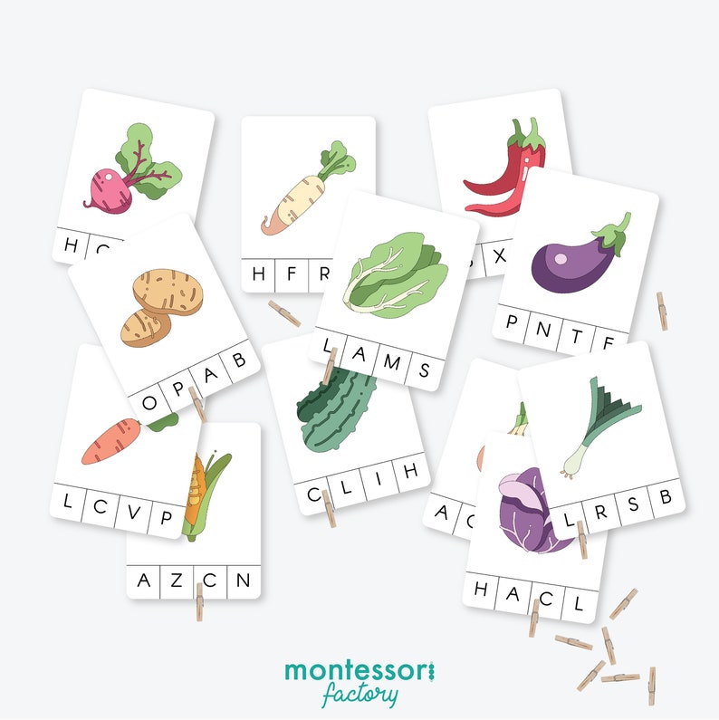 BEGINNING LETTER Sound VEGETABLES Montessori Clip Cards - Etsy