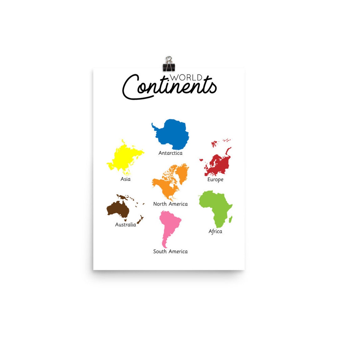 WORLD CONTINENTS Geography Kids Room Wall Art Montessori Kindergarten ...