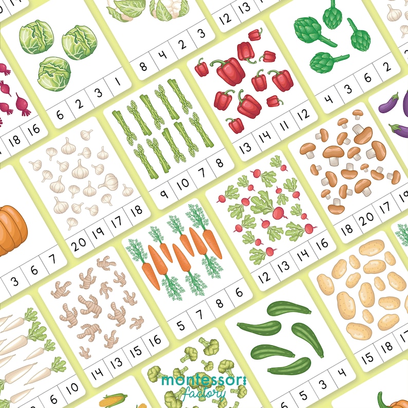 COUNTING VEGETABLES Numbers 1 to 20 • Montessori Counting Cards • Clip ...