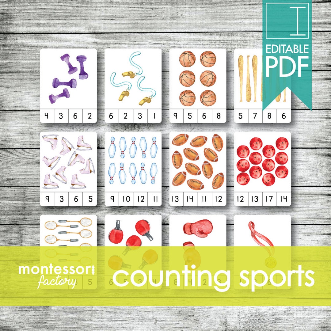 COUNTING SPORTS EQUIPMENT • Numbers 1 to 20 • Montessori Counting Cards ...